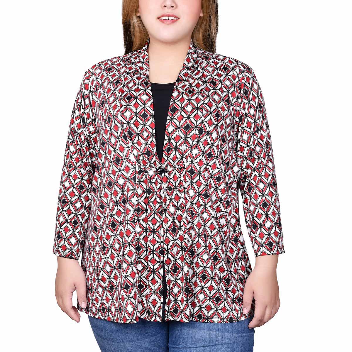 Ny Collection Plus Size Puff Print 3/4 Sleeve 2-Fer Top - Jester Red Ivory Geo