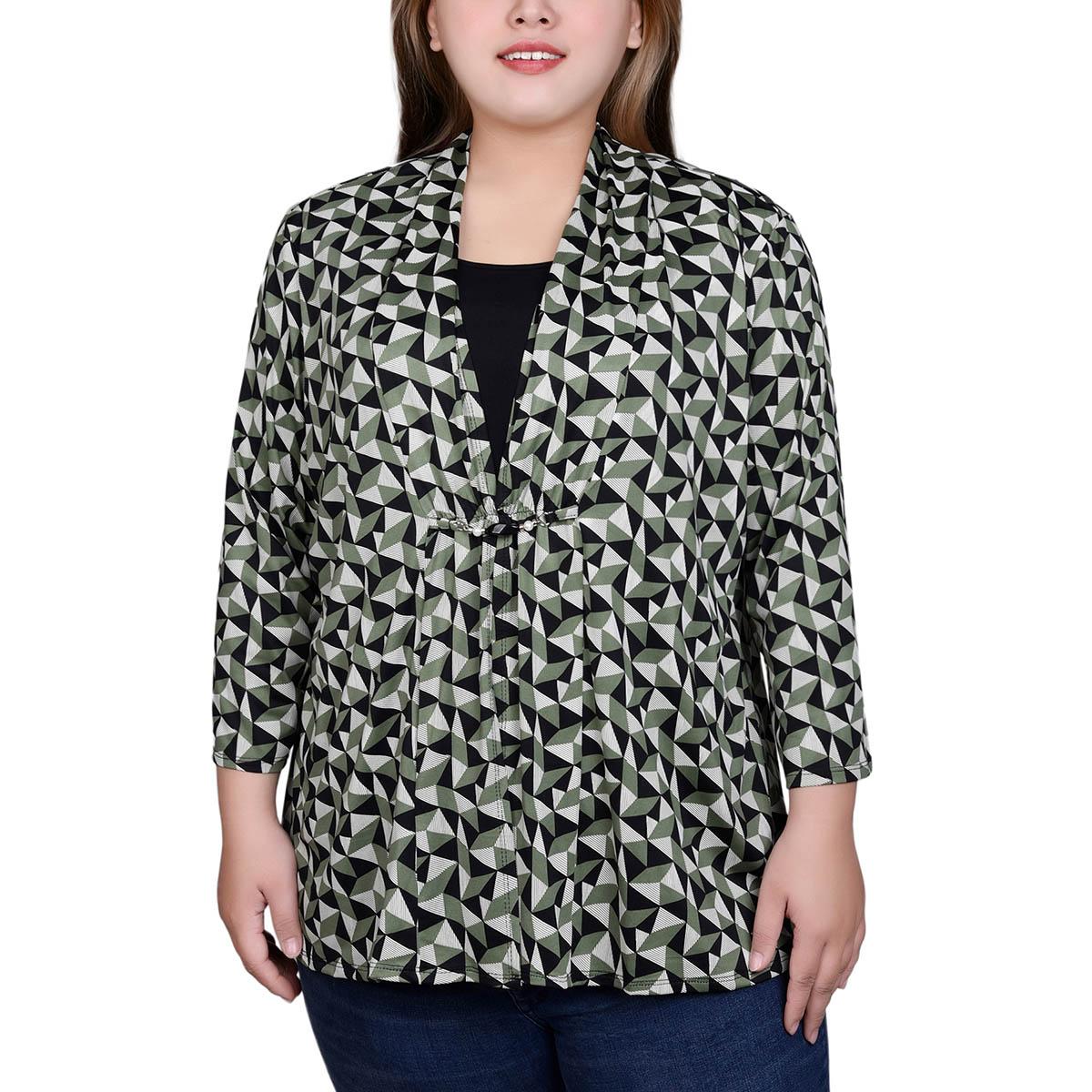 Ny Collection Plus Size Puff Print 3/4 Sleeve 2-Fer Top - Sage Pyramid