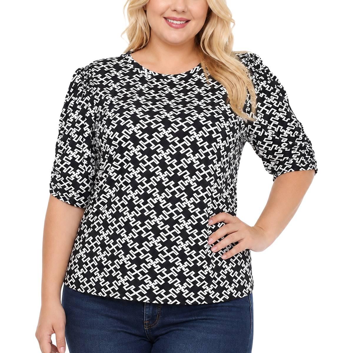 Click here for Plus Size NY Collection Elbow Sleeve Geometric Blo... prices