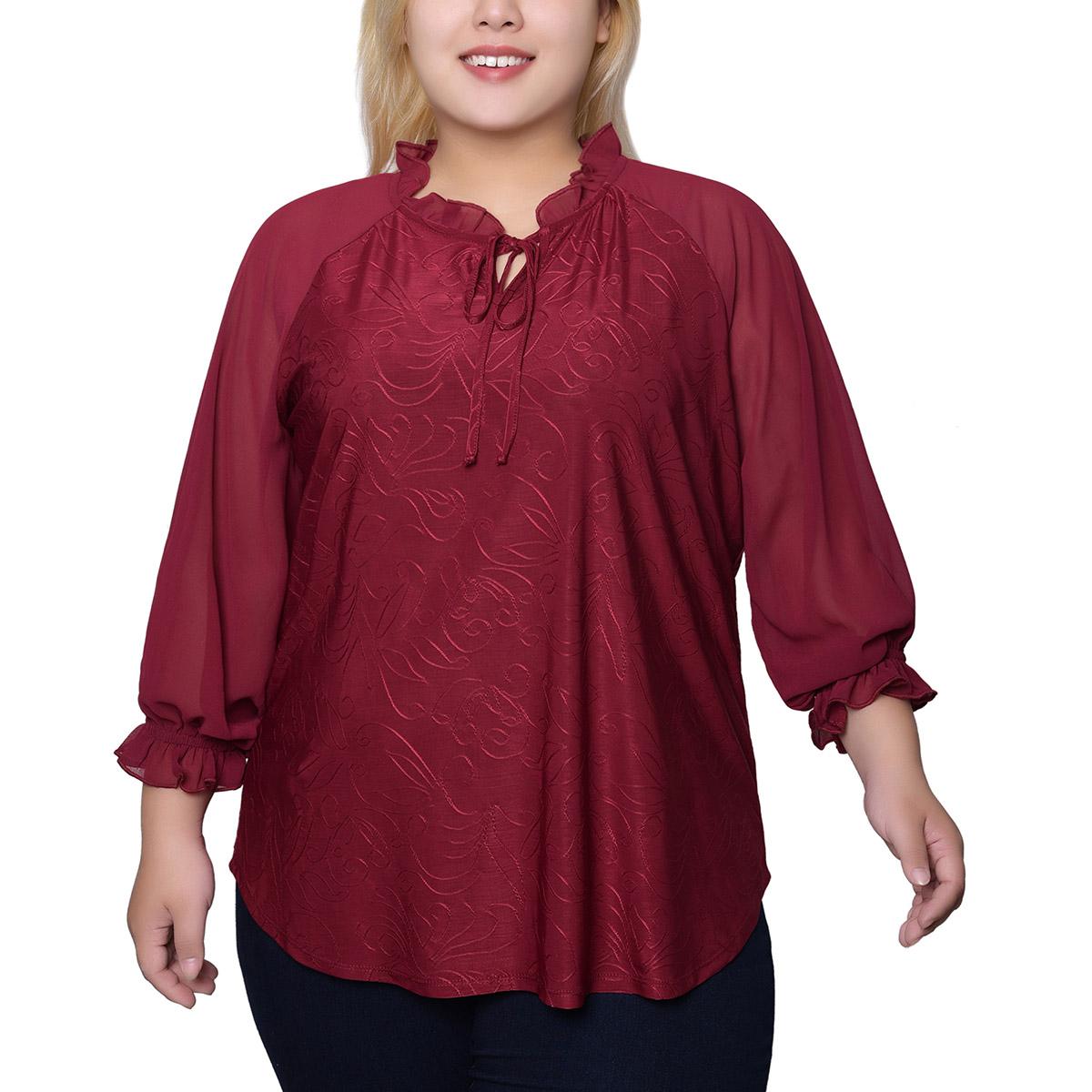 Click here for Plus Size NY Collection 3/4 Sleeve Ruffle Tie Neck... prices
