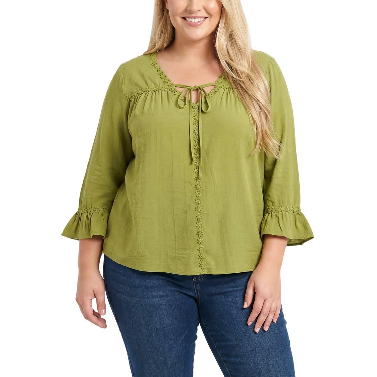 Click here for Plus Size NY Collection 3/4 Ruffle Sleeve Tie Neck... prices