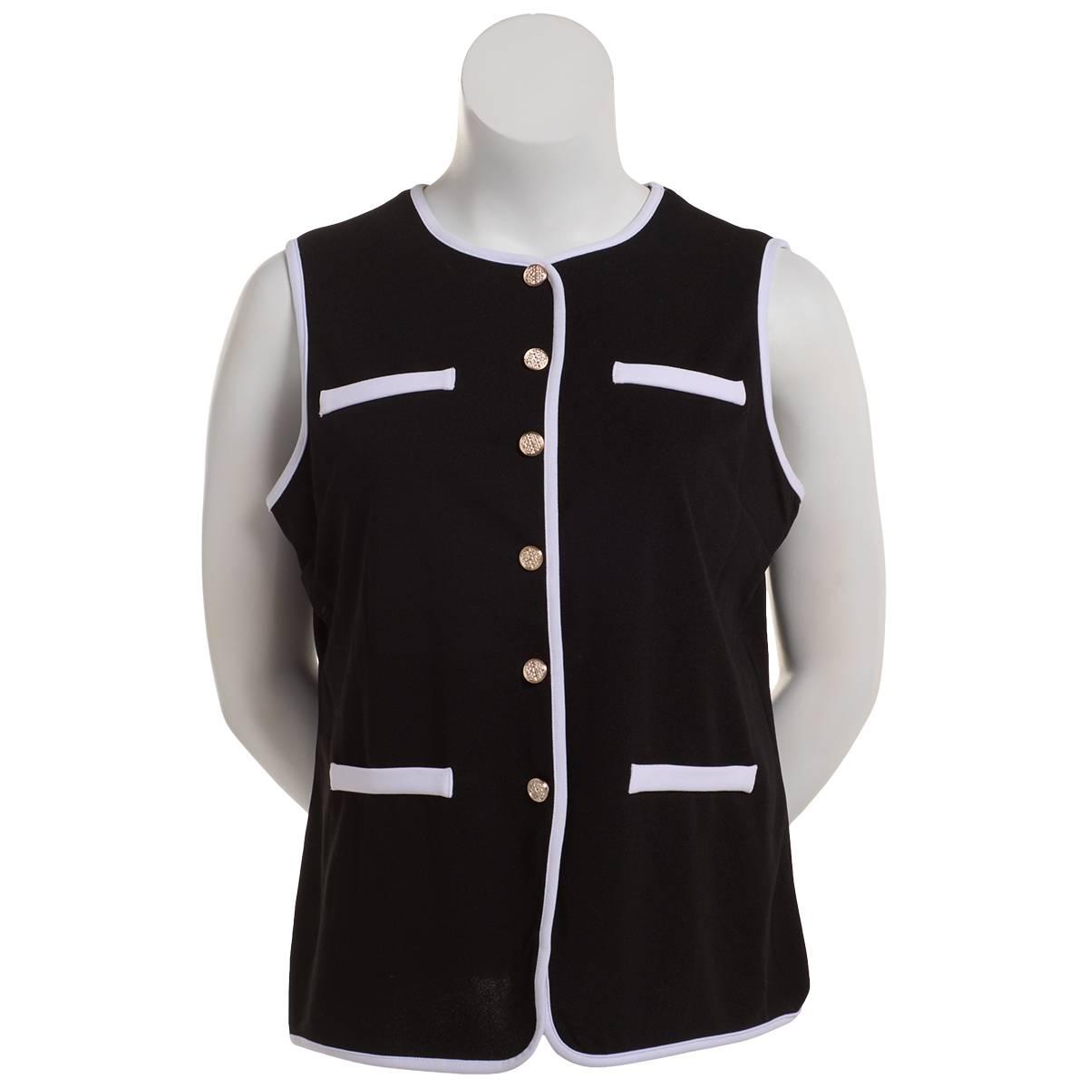 Plus Size NY Collection Sleeveless Button Front Piping Trim Vest