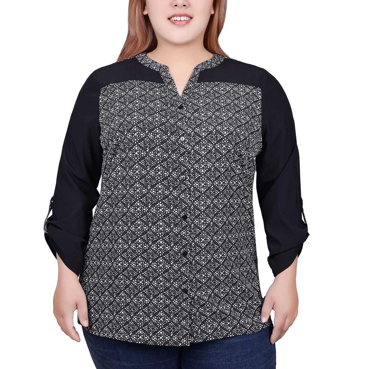 Click here for Plus Size NY Collection 3/4 Roll Tab Sleeve Geomet... prices