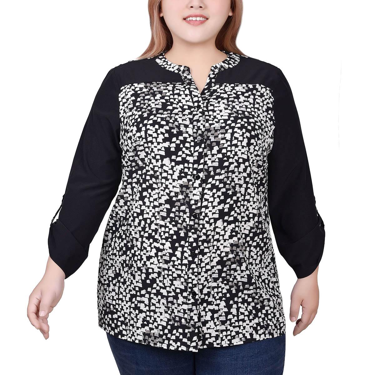 Click here for Plus Size NY Collection 3/4 Roll Tab Sleeve Abstra... prices