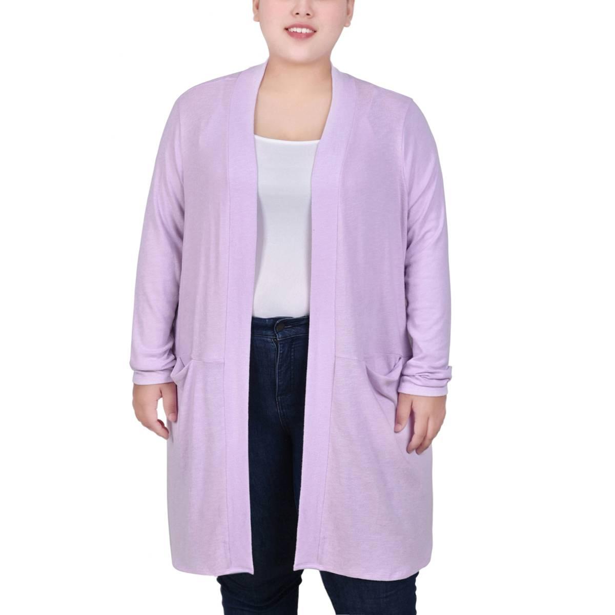 Ny Collection Plus Size Long Sleeve Knee Length Cardigan Sweater - Lavender
