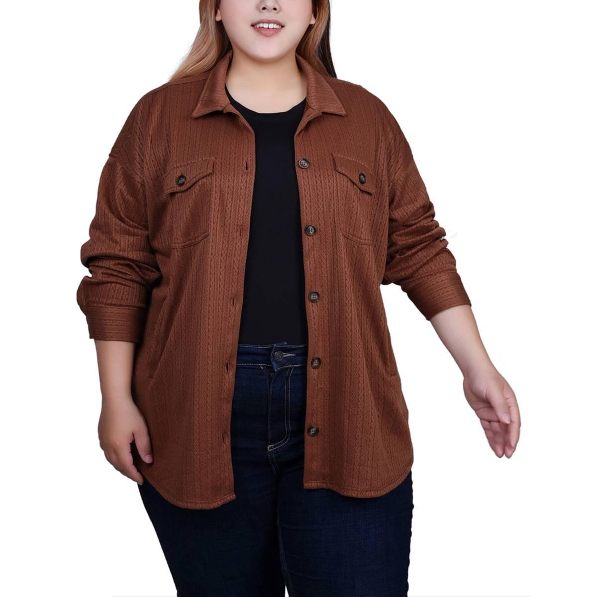 Ny Collection Plus Size Long Sleeve Textured Knit Shirt Jacket - Camel