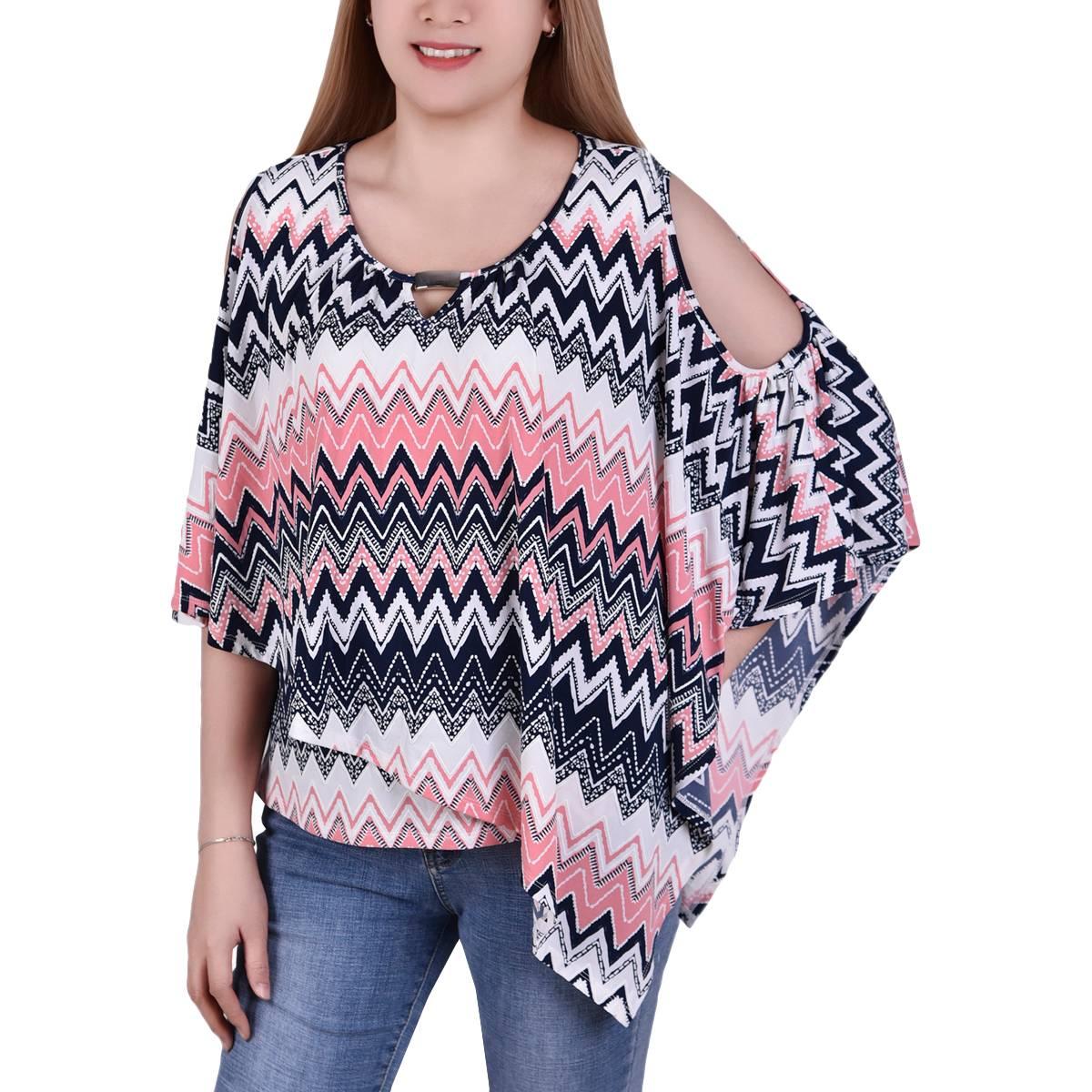 Click here for Petite NY Collection Chevron Keyhole Neck Poncho T... prices