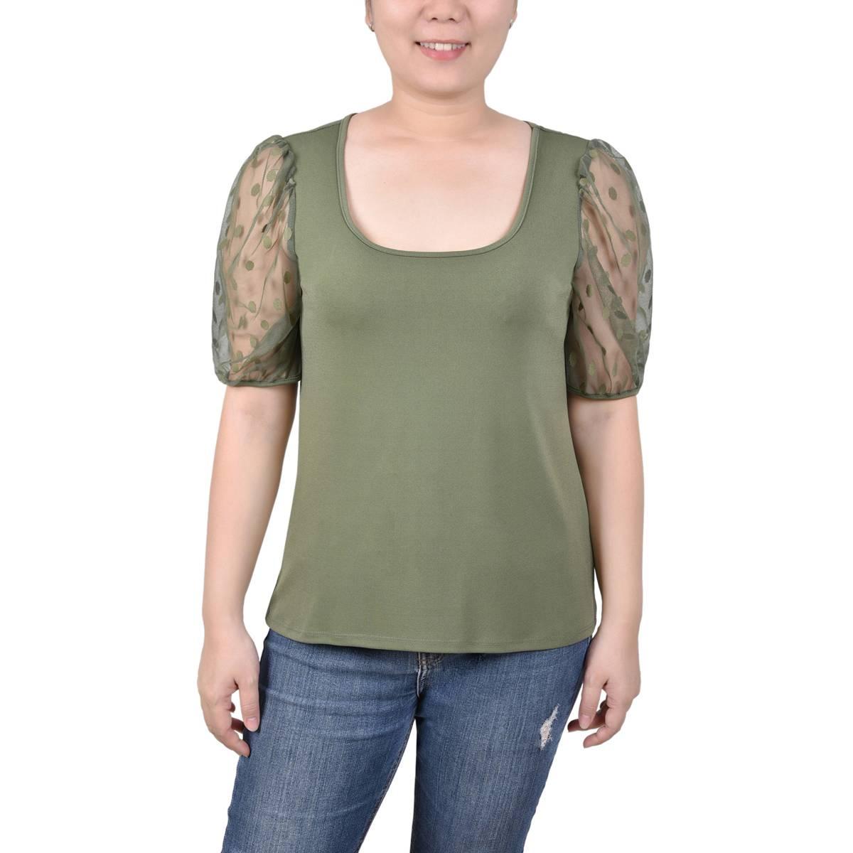 Womens NY Collection Short Dot Mesh Sleeve Solid Blouse