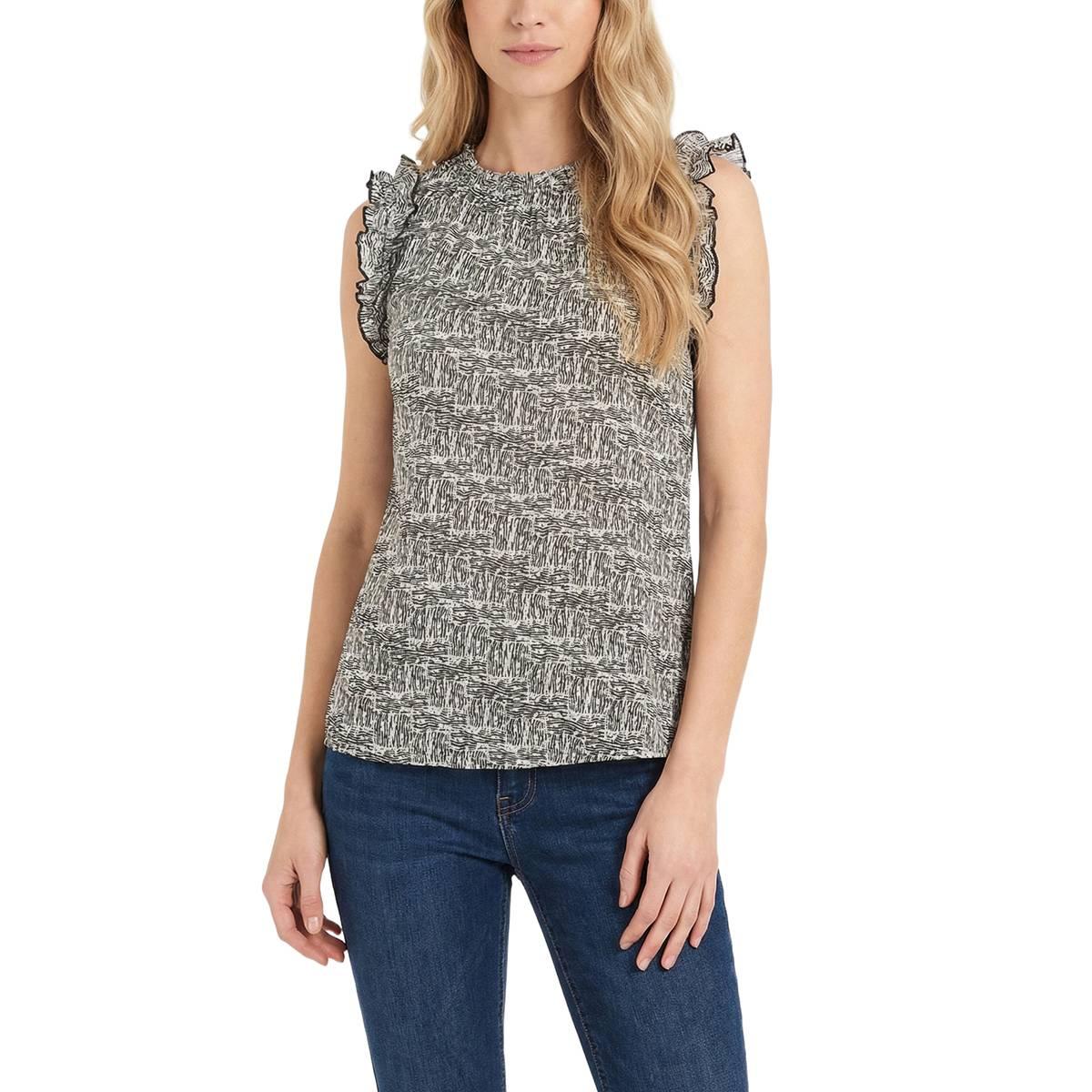 Click here for Petite NY Collection Sleeveless Ruffle Abstract Cr... prices