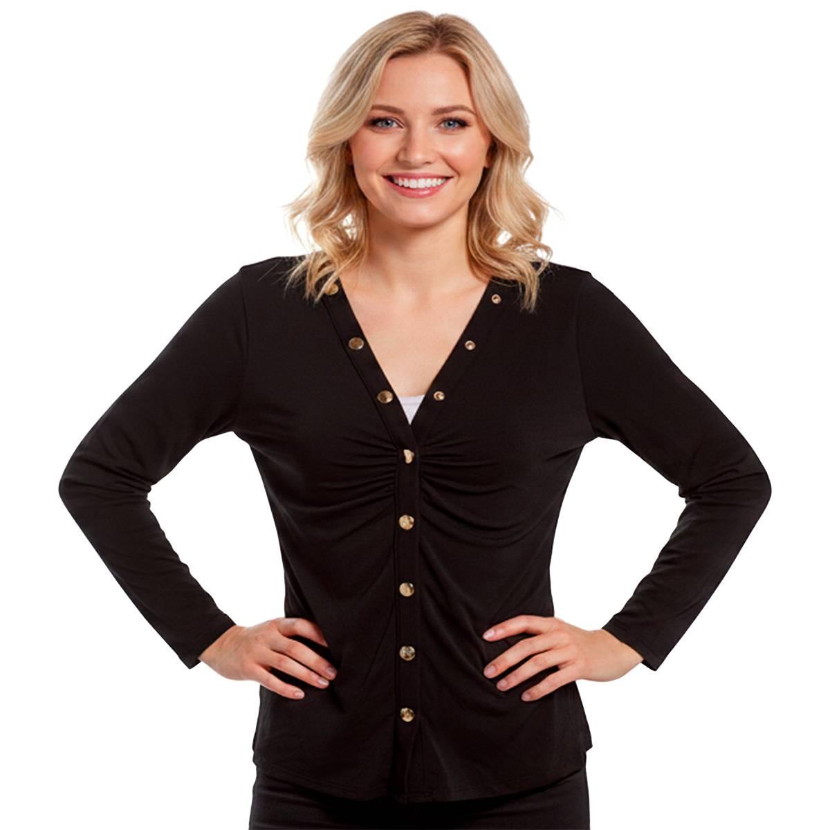 Click here for Petite NY Collection Long Sleeve Crepe Button Fron... prices
