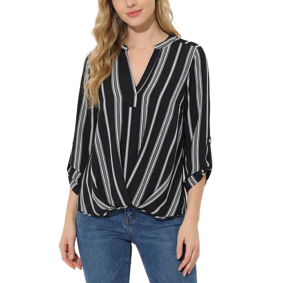 Petite Size 3/4 Push Tab Mandarin Collar Blouse with Front Pleats - Black White Stripe