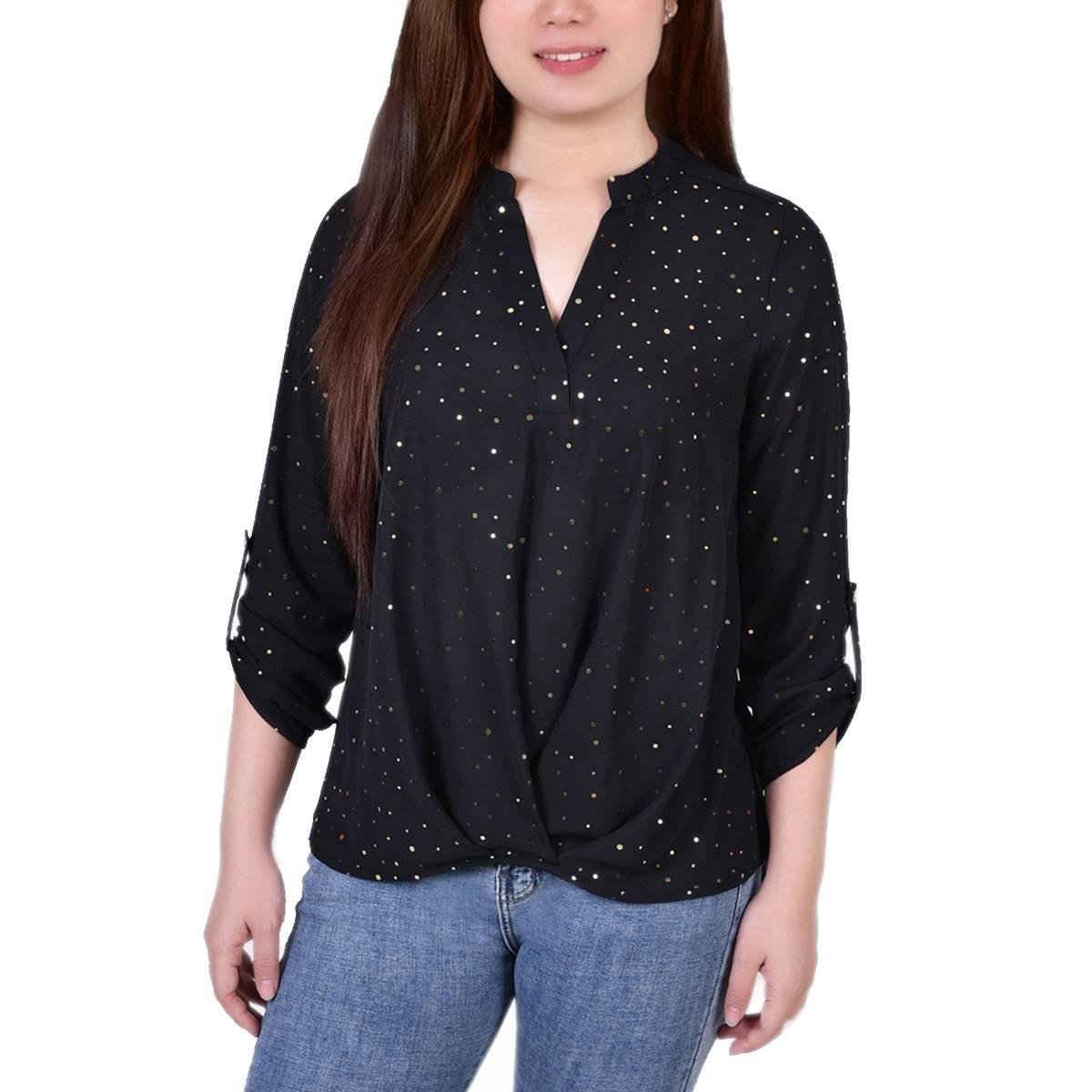 Click here for Petite NY Collection Tab Sleeve Foil Dots Split Ne... prices