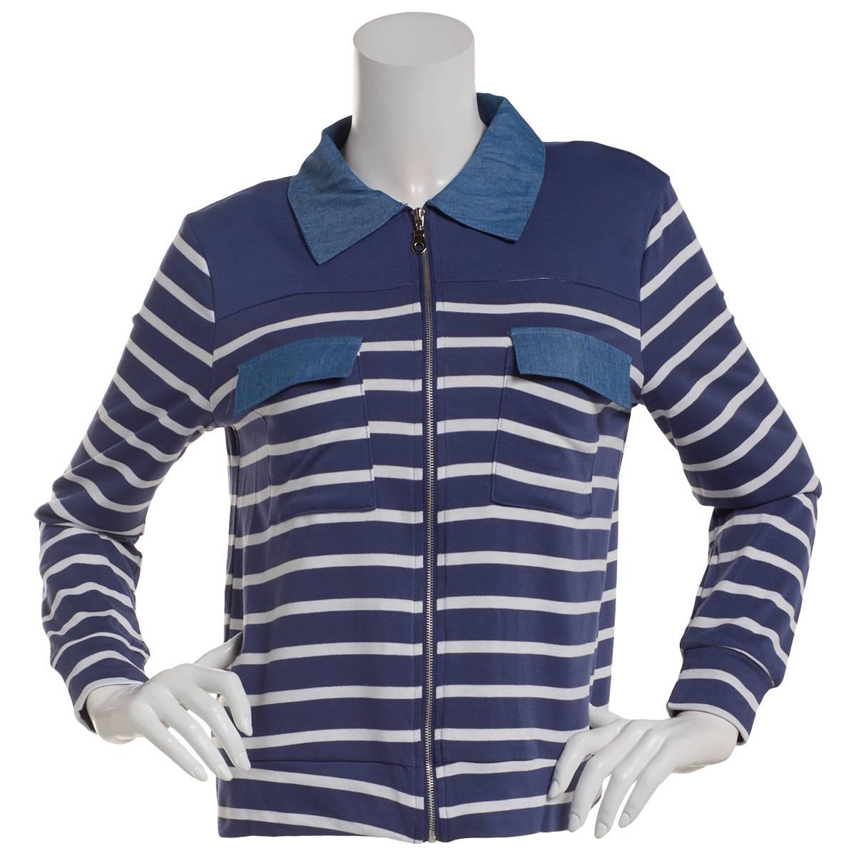 Plus Size NY Collection Long Sleeve Stripe Zip Front Cardigan