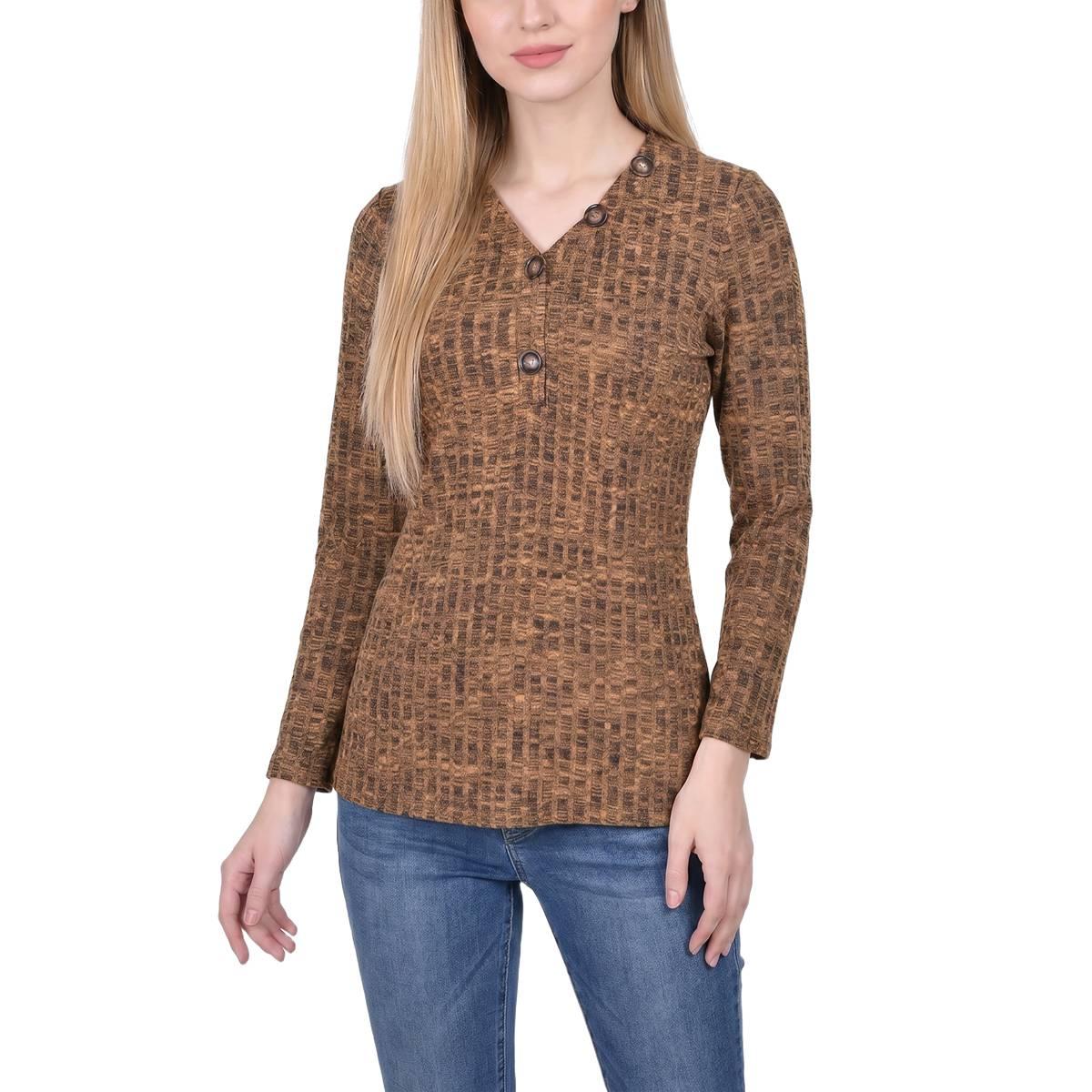 Click here for Petite NY Collection Long Sleeve Ribbed Hacci Henl... prices