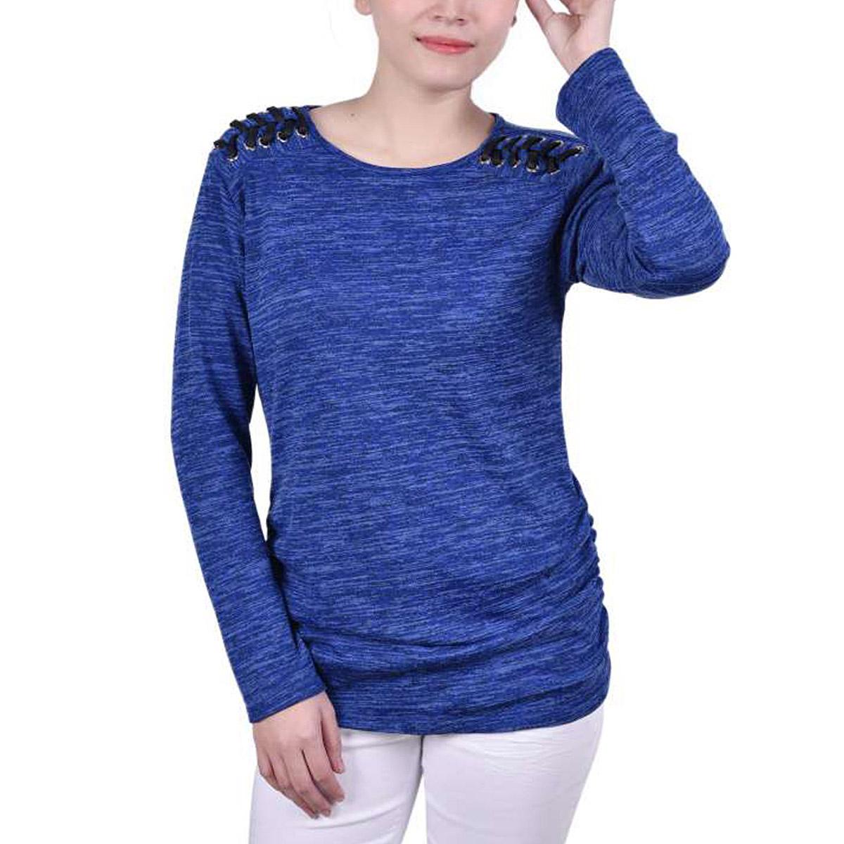 Click here for Petite NY Collection Long Sleeve Marled Hacci Blou... prices