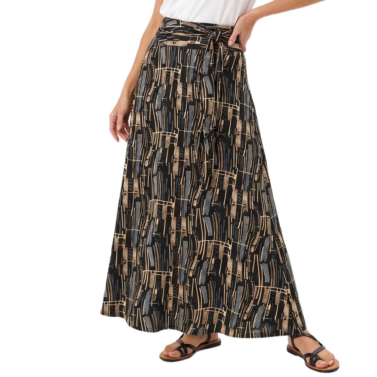 Click here for Petite NY Collection Tie Waist Brown Wave Maxi Ski... prices