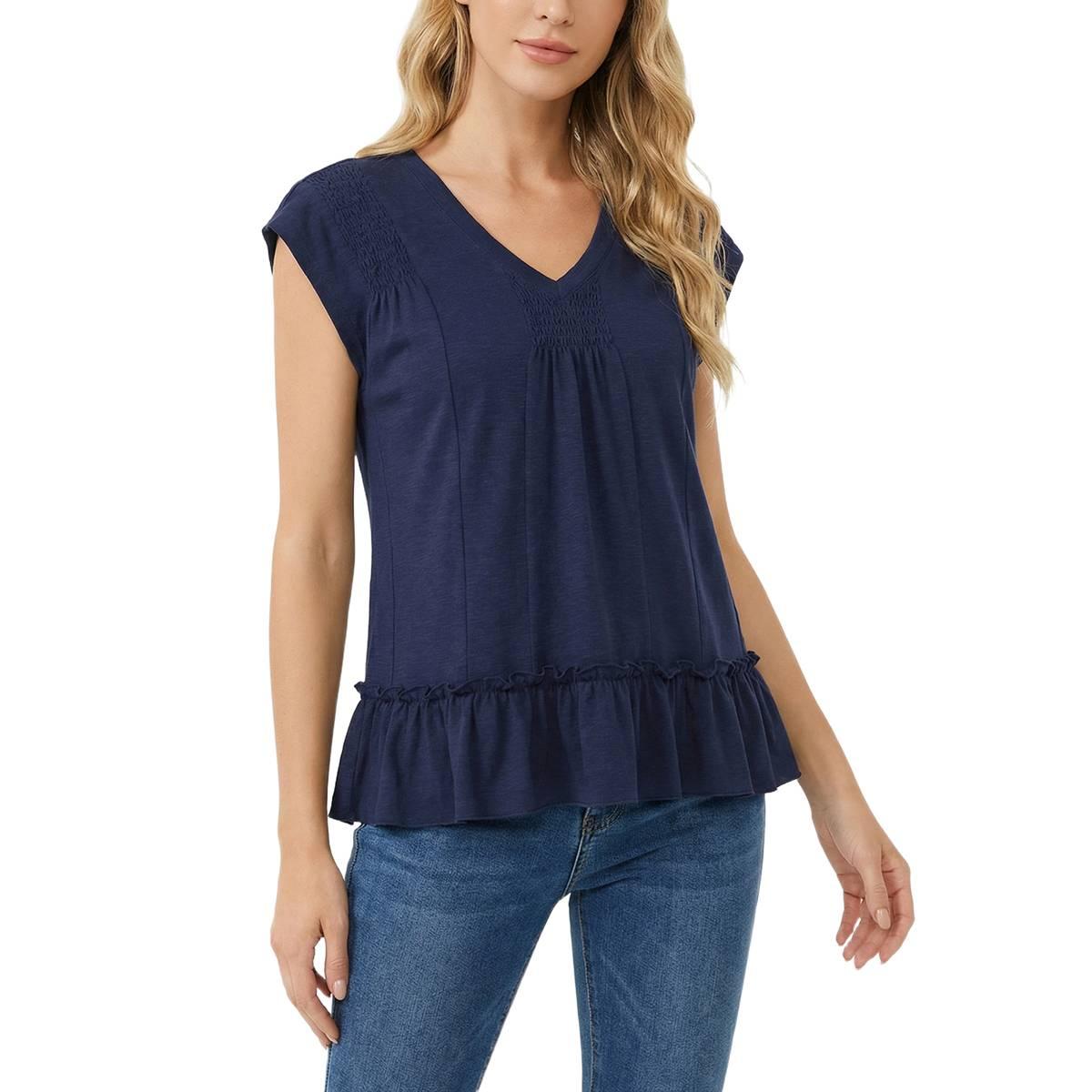 Click here for Petite NY Collection Cap Sleeve V Neck Ruffle Hem... prices