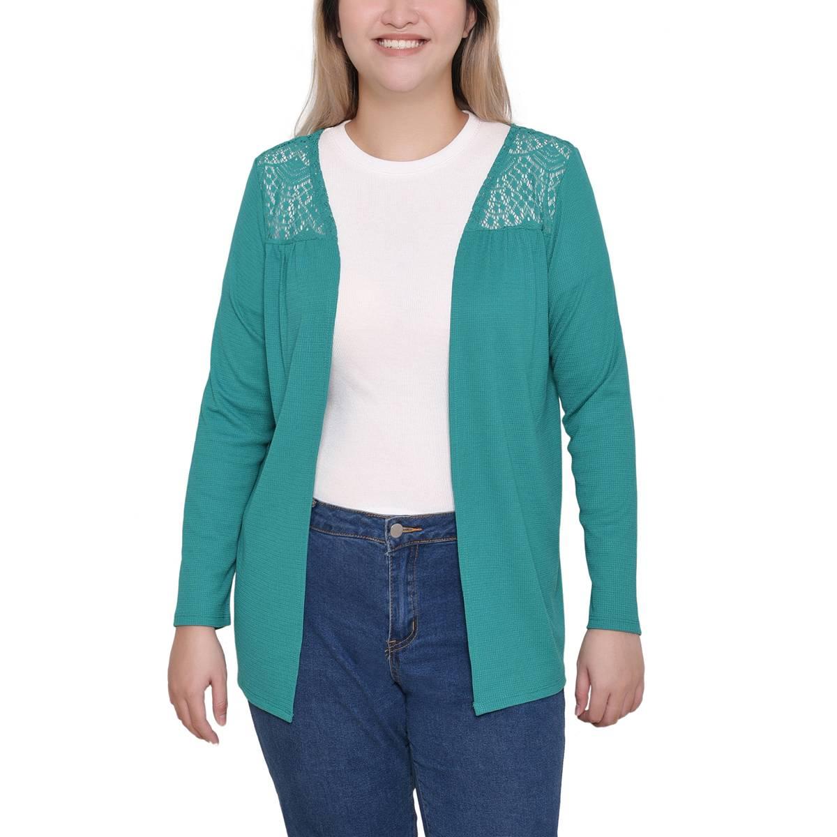 Click here for Petite NY Collection Waffle Lace Inset Open Front... prices