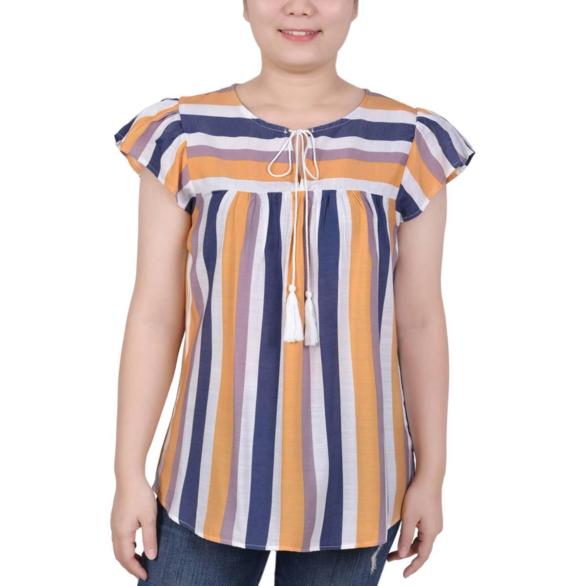 Petite Size Drawstring Neck Top - Blue Gold Stripe