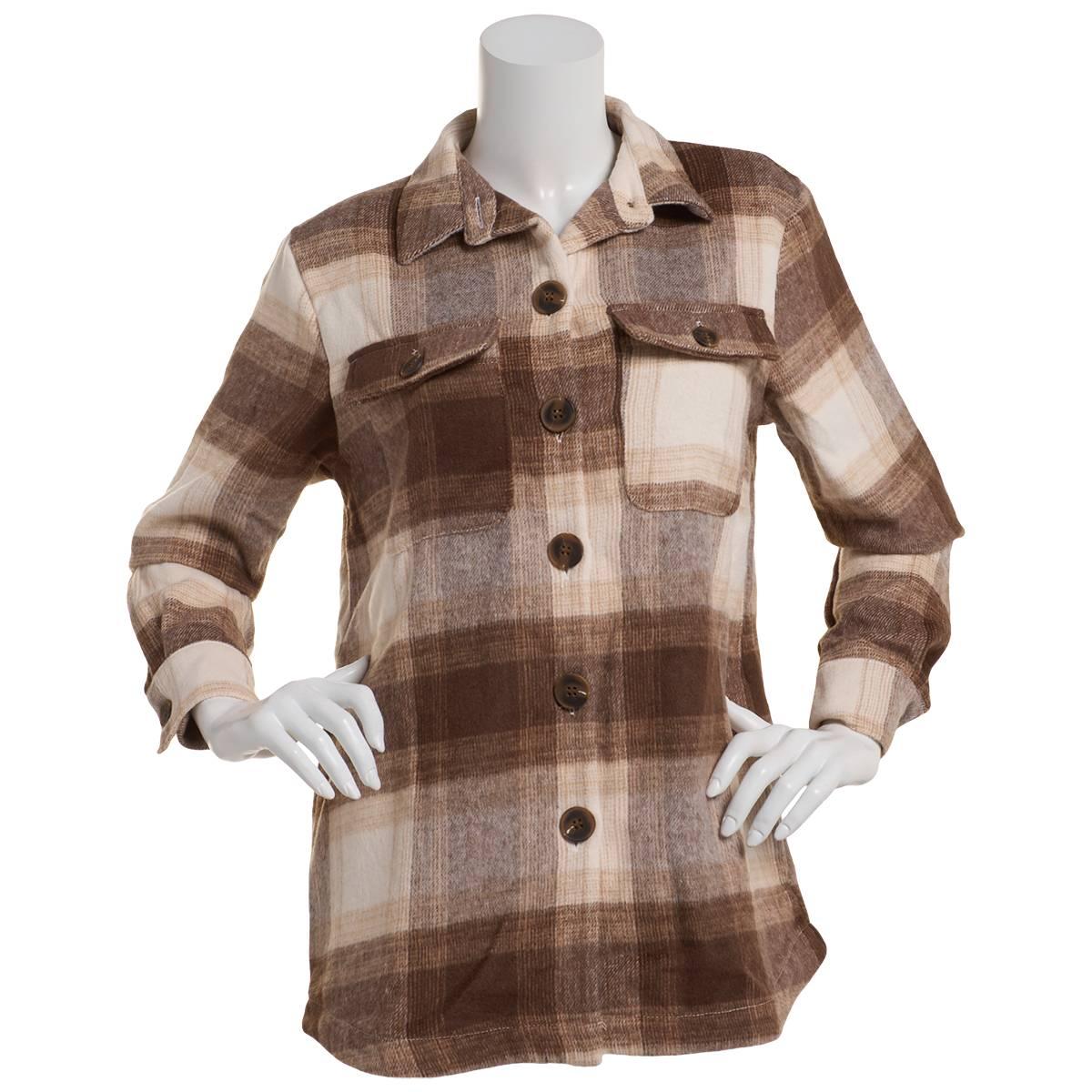 Womens NY Collection Plaid Button Front Shacket- Brown