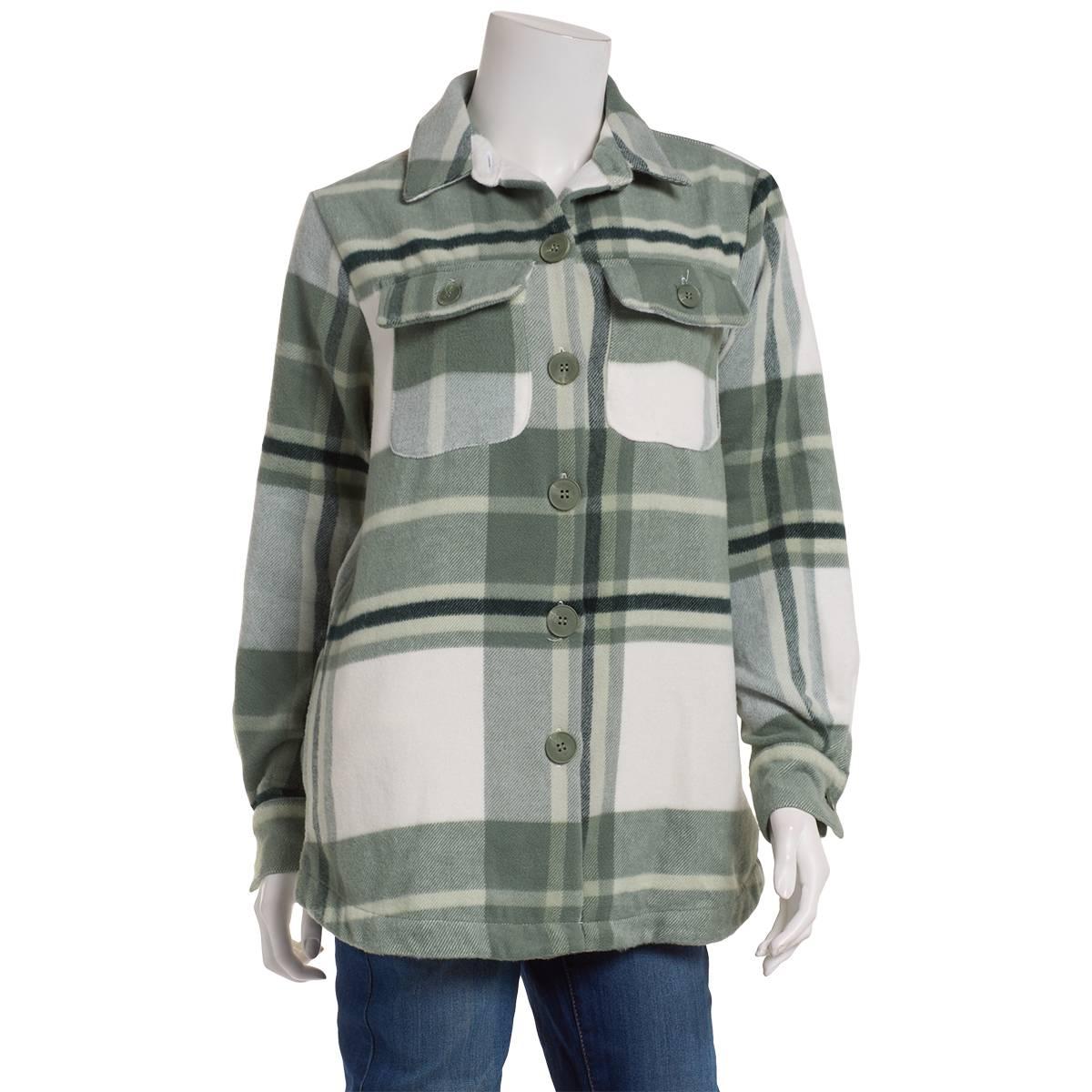 Womens NY Collection Plaid Twill Shacket w/Flap Pockets-Green
