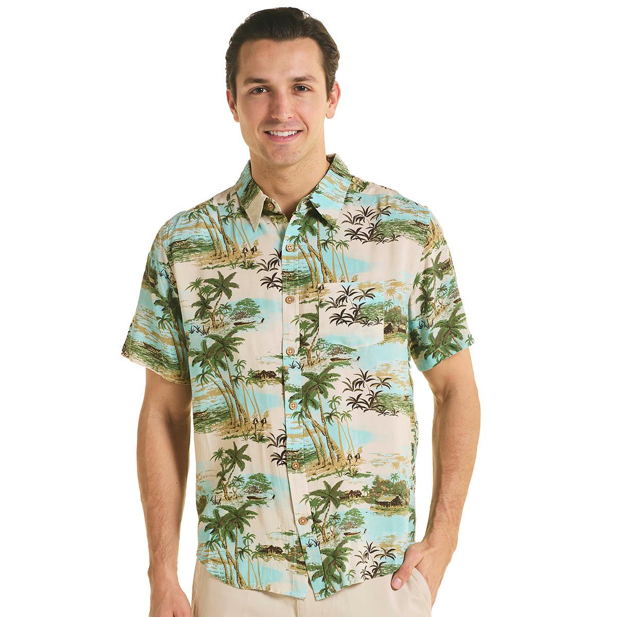 Mens Joe Marlin Tropical Palm Island Rayon Button Down Shirt