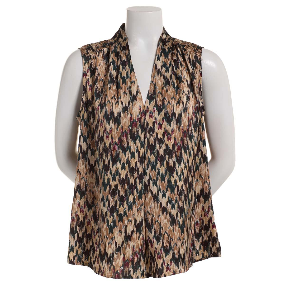 Kasper Womens Chevron-Printed Satin V-Neck Blouse - Dark Camel Multi