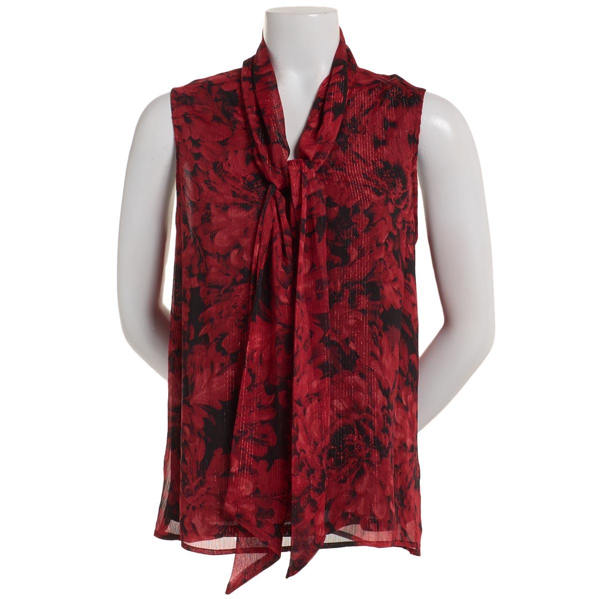 Kasper Womens Printed Tie-Neck Sleeveless Top - Fire Red Multi