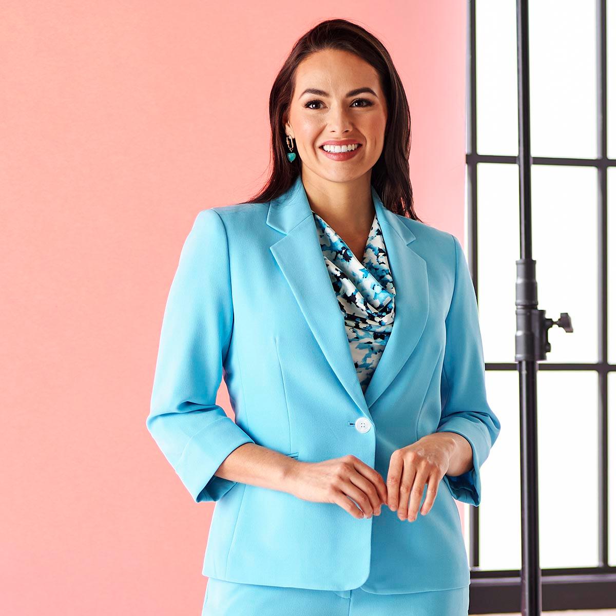 Kasper Womens Cuffed-Sleeve One-Button Blazer  Regular & Petite - Aqua Oasis