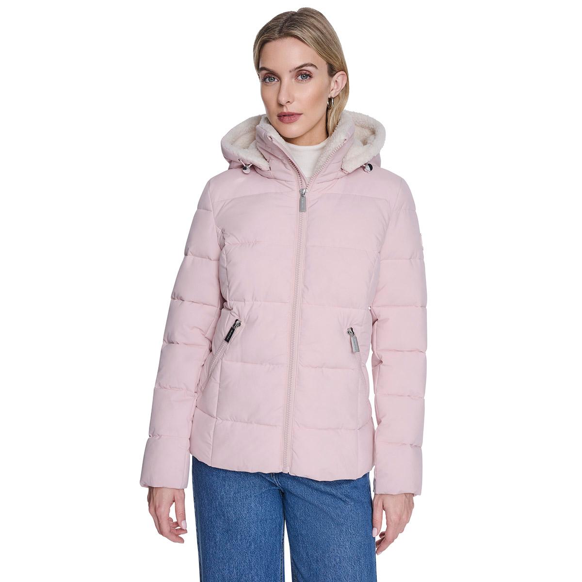 Womens Kenneth Cole(R) Short Stretch Puffer Coat with Fleece Hood