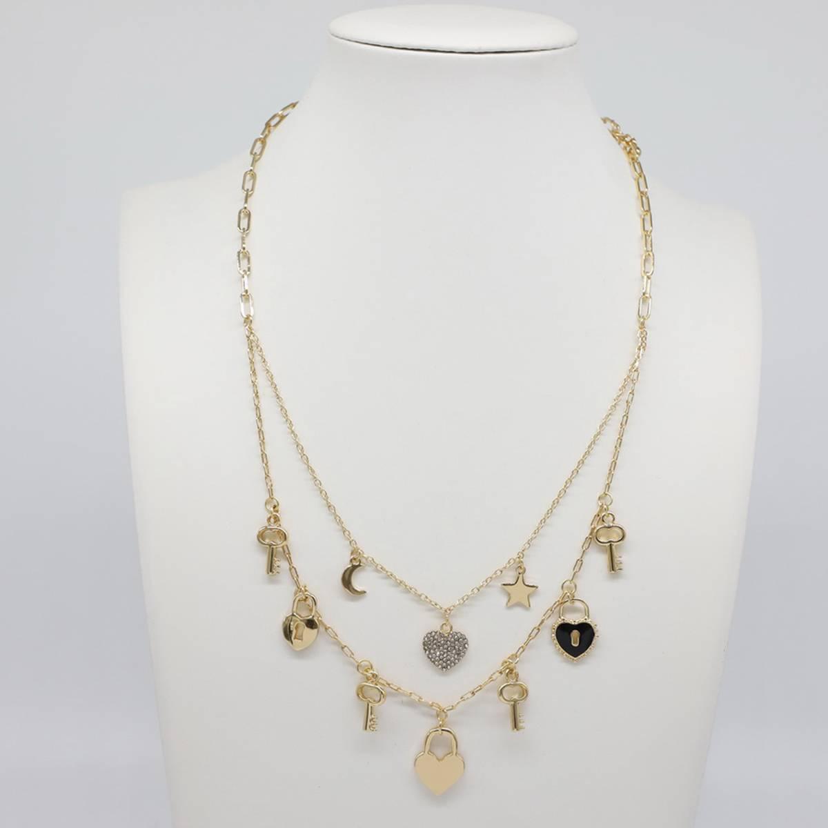 Click here for Ashley Two Row Heart & Key Charm Layered Necklace prices