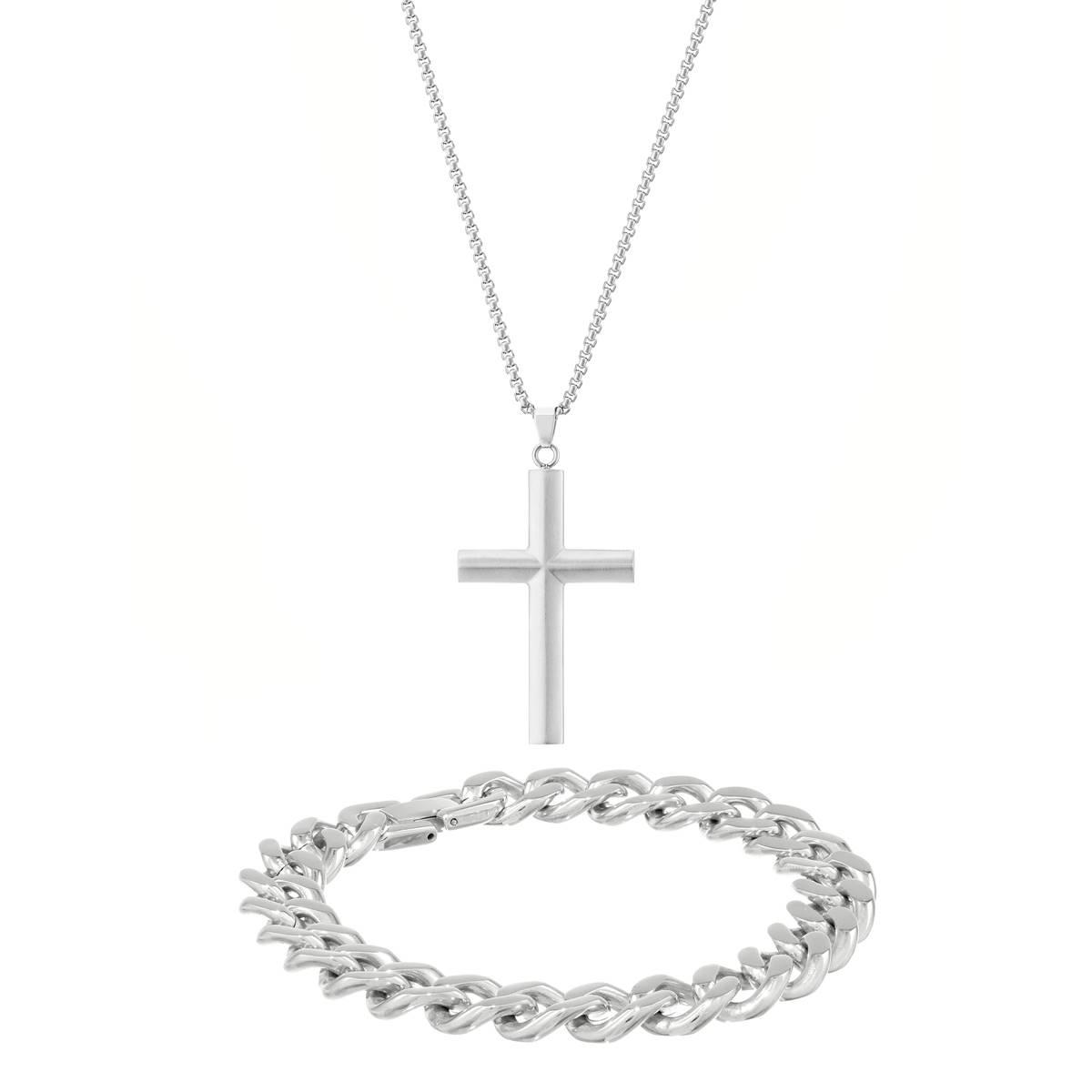 Click here for Mens Lynx Stainless Steel Curb Chain Cross Pendant... prices