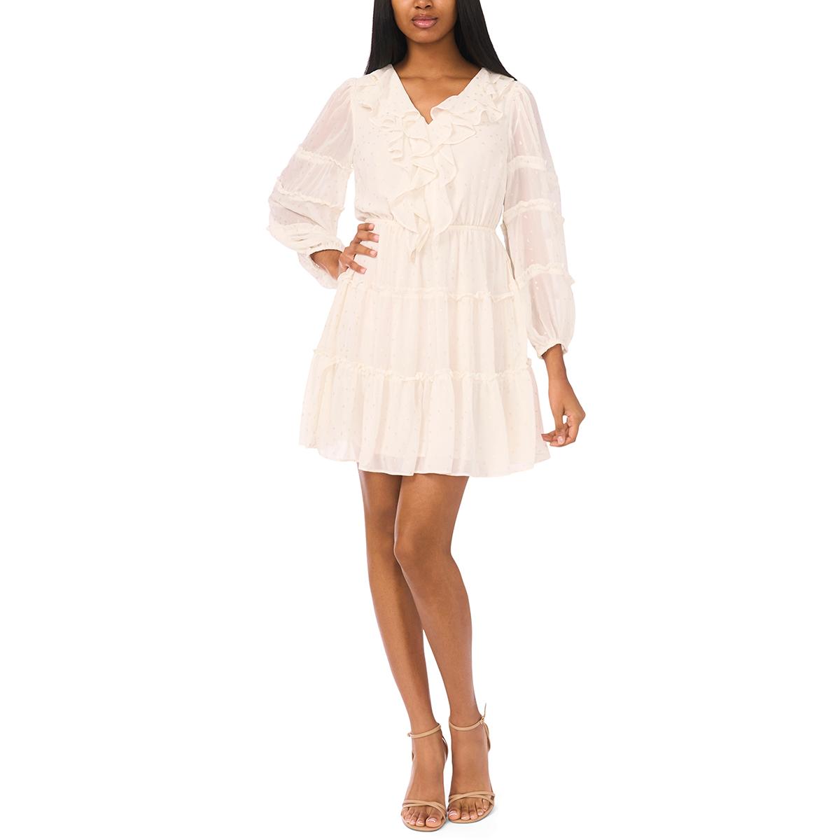 CeCe Womens Long-Sleeve Ruffle Front Tiered Mini Dress - New Ivory
