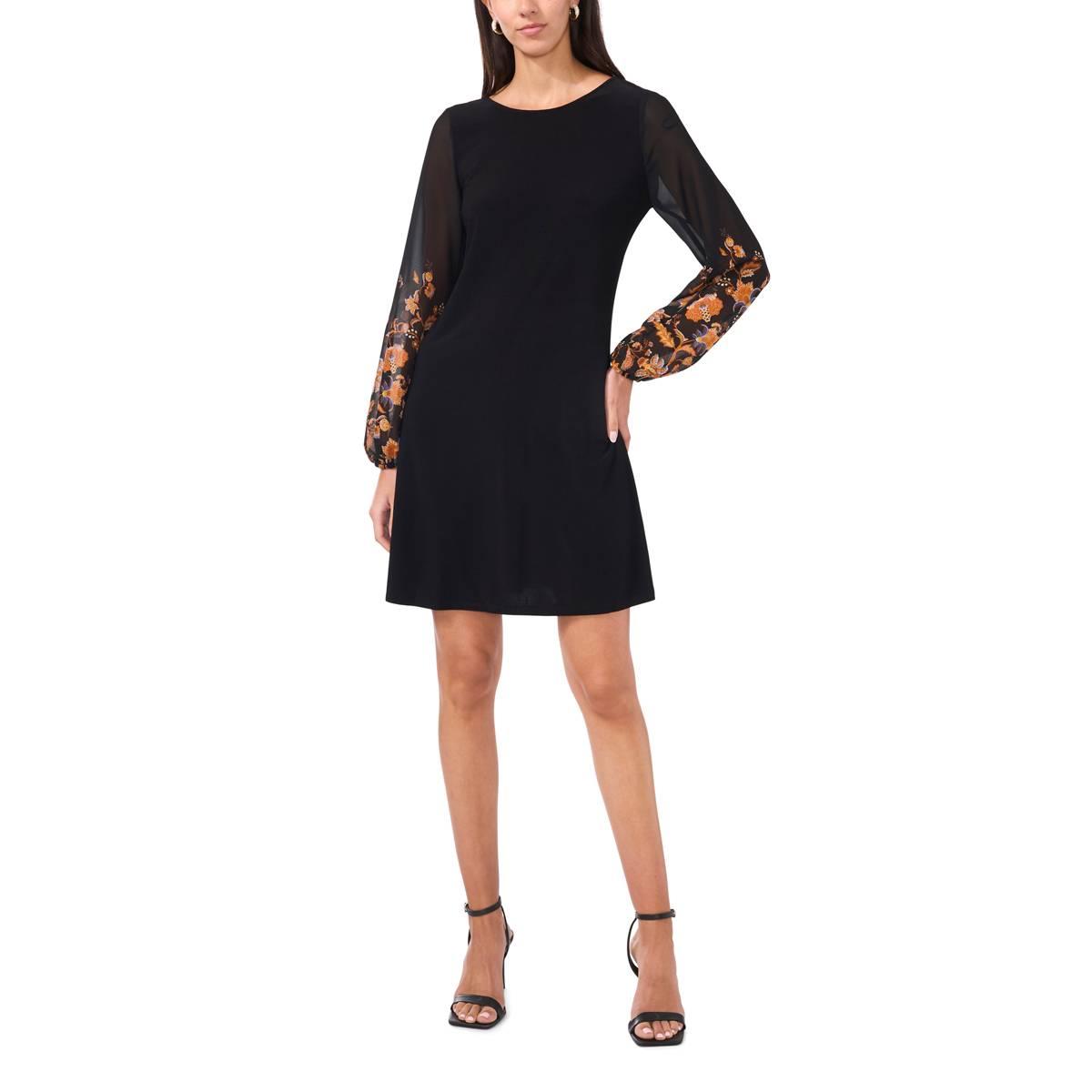 Msk Womens Chiffon-Sleeve Jersey Shift Dress - Black