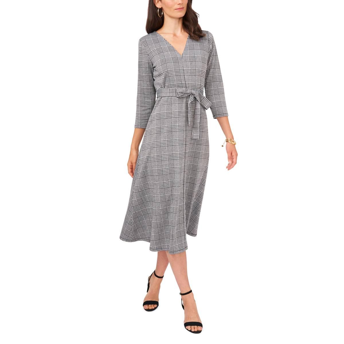 Click here for Womens MSK Tie Front V-Neck Plaid Fit & Flare Dres... prices