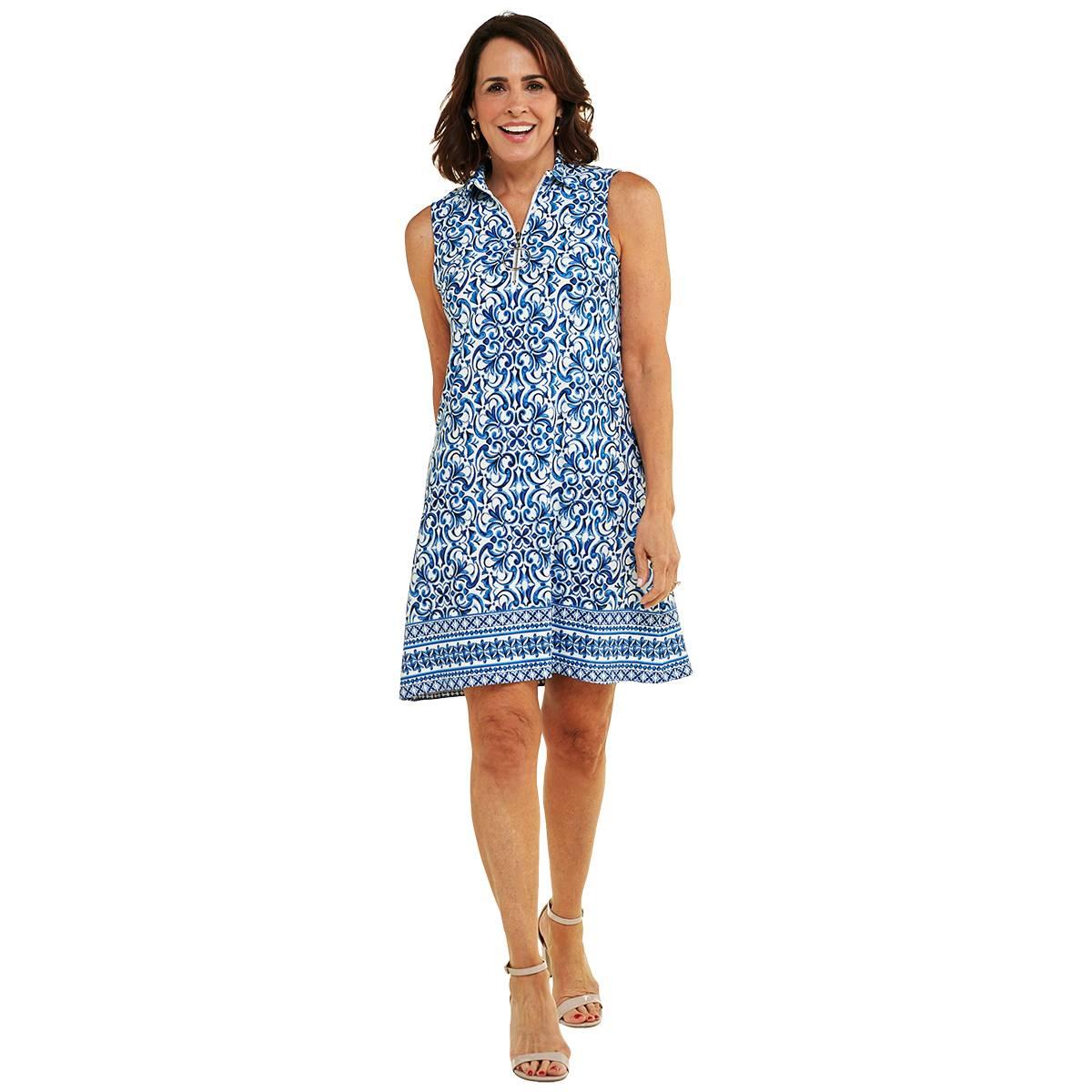 Click here for Womens MSK Sleeveless Scroll Half Zip Shift Dress prices