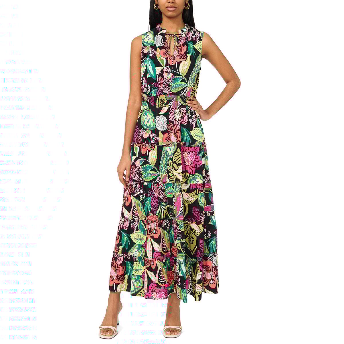 Click here for Womens MSK Sleeveless Floral Leaf Tier Challis Max... prices