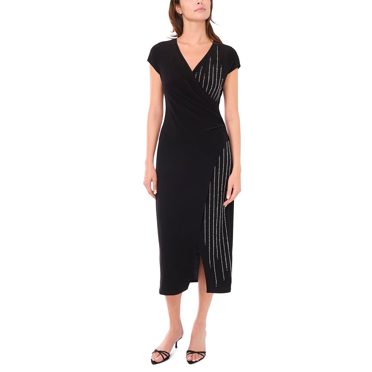 Msk Womens Short Sleeve Surplice and Beaded Front Midi Dress - BLACK