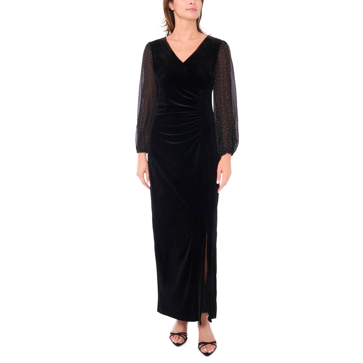 Msk Womens Velvet V-Neck and Balloon Sleeve Maxi Dress - BLACK