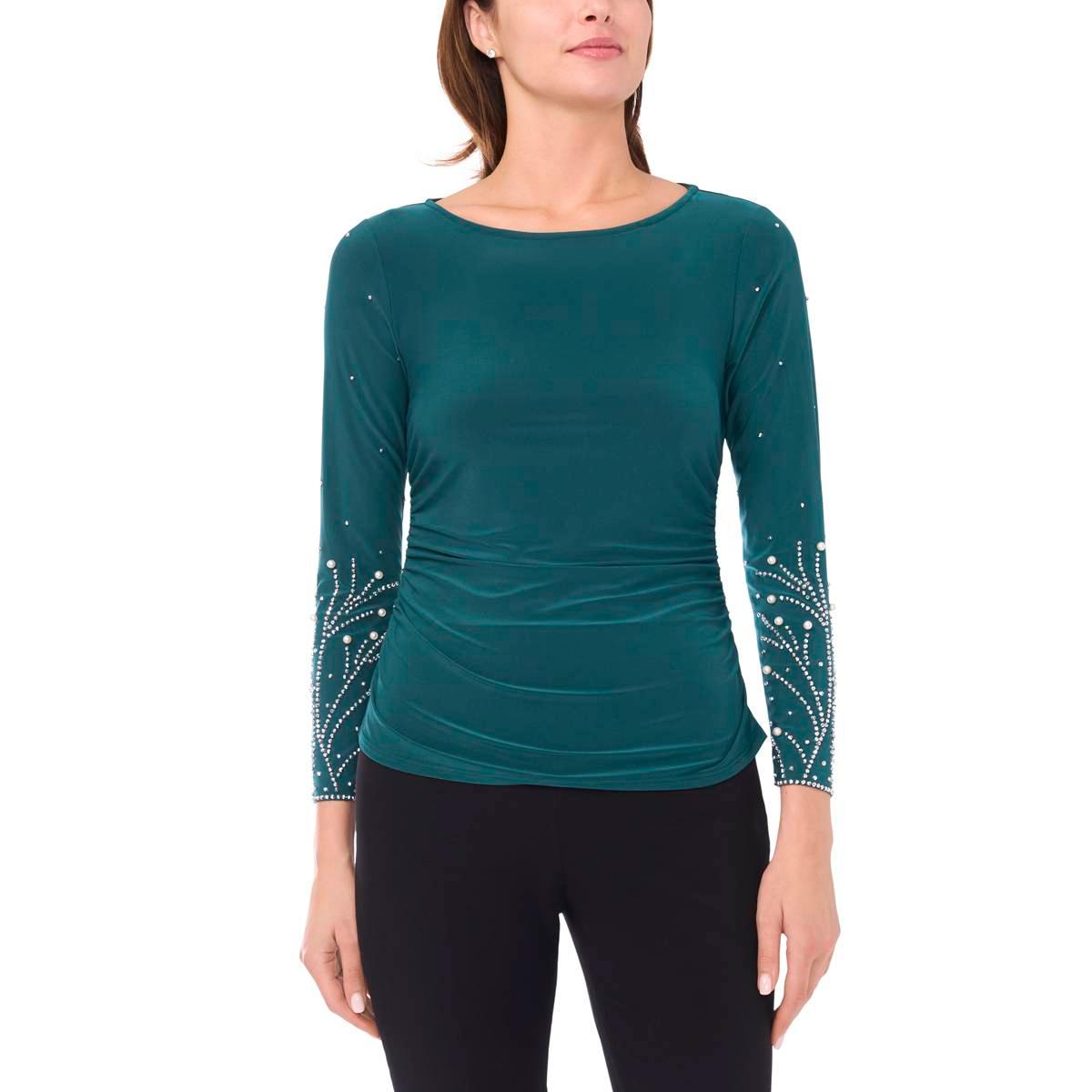 Womens MSK 3/4 Sleeve Pearl and Rhinestone Blouse