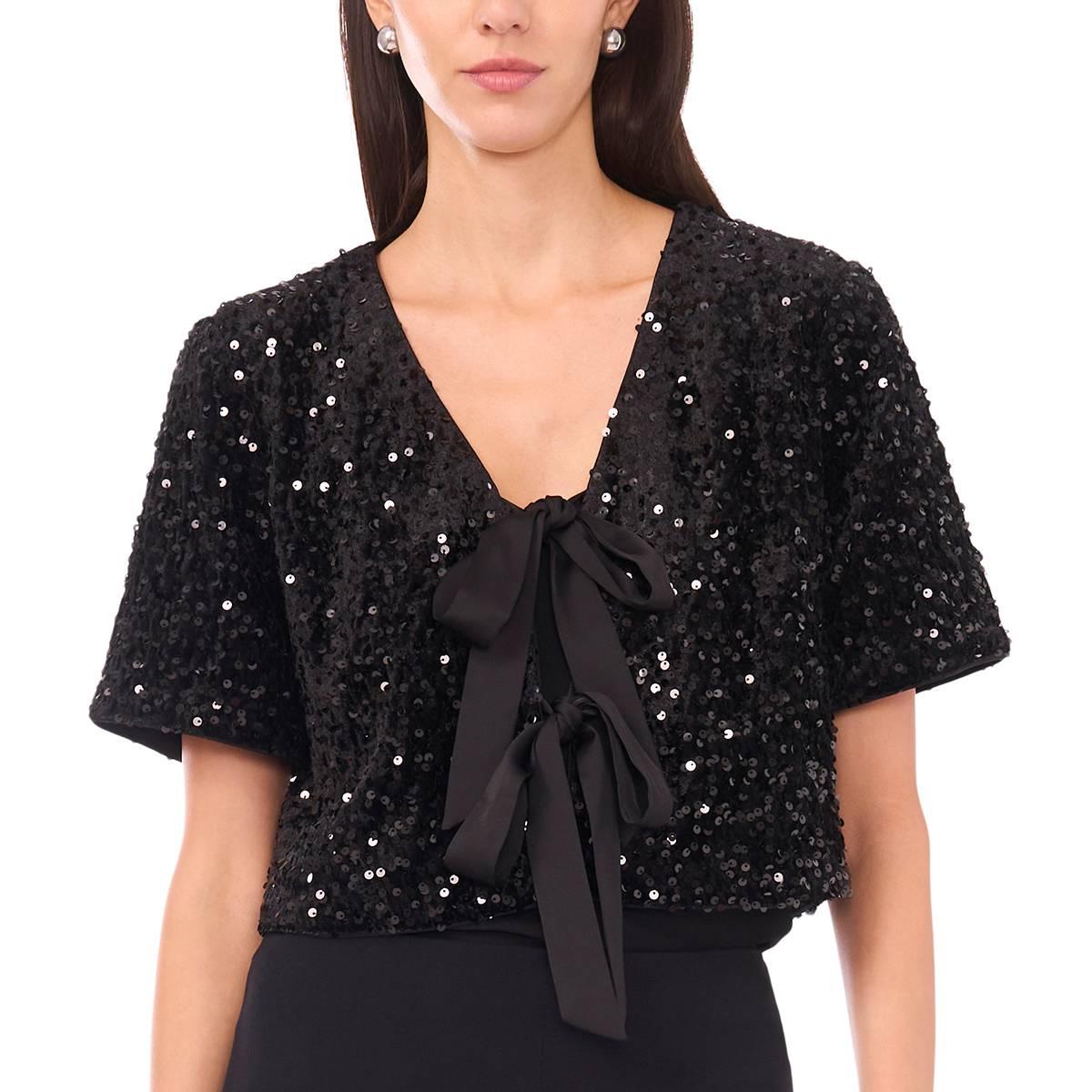 Click here for Womens MSK Short Sleeve Velvet Sequin Tie Blouse prices