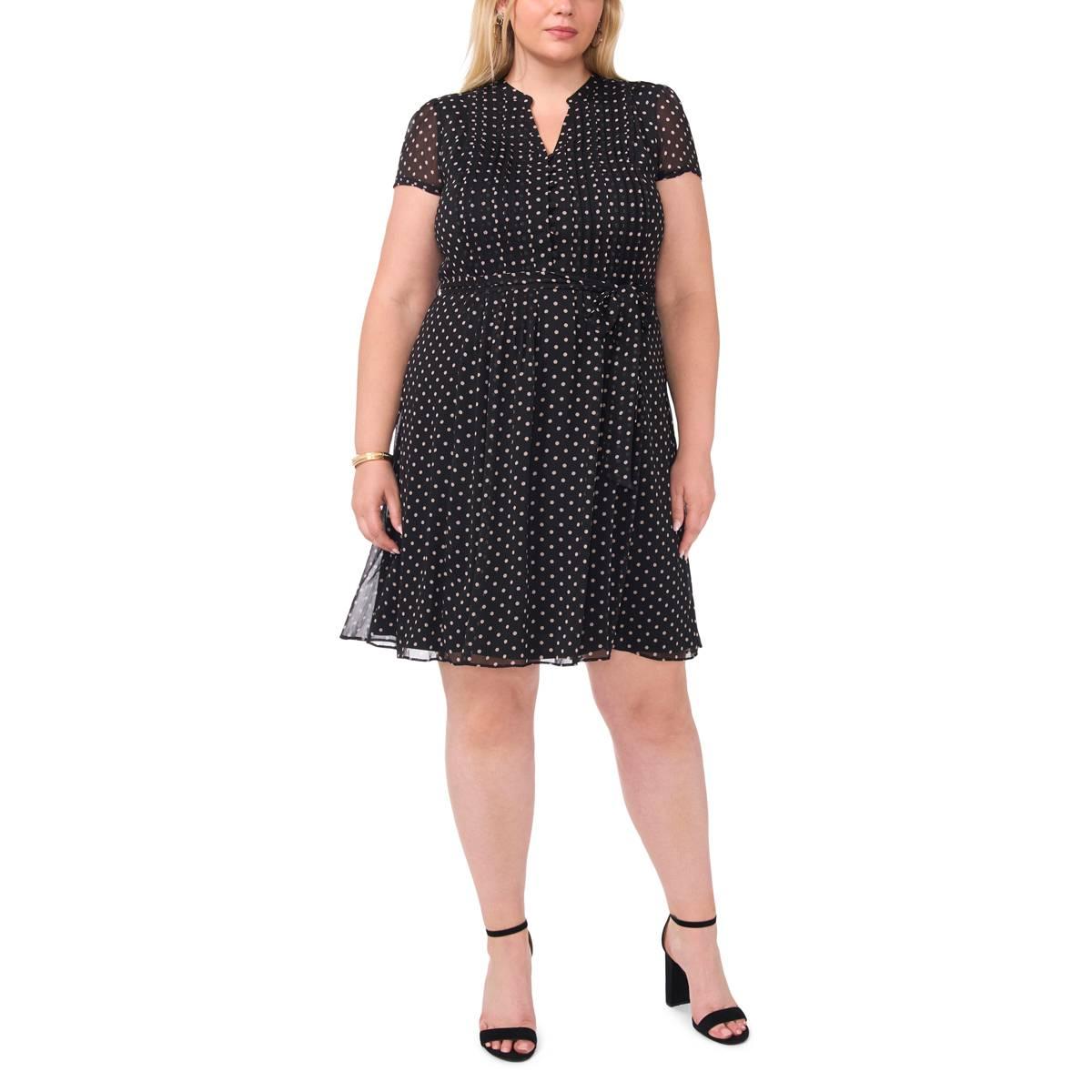 Plus Size MSK Short Sleeve Dot Chiffon Pintuck A-Line Dress