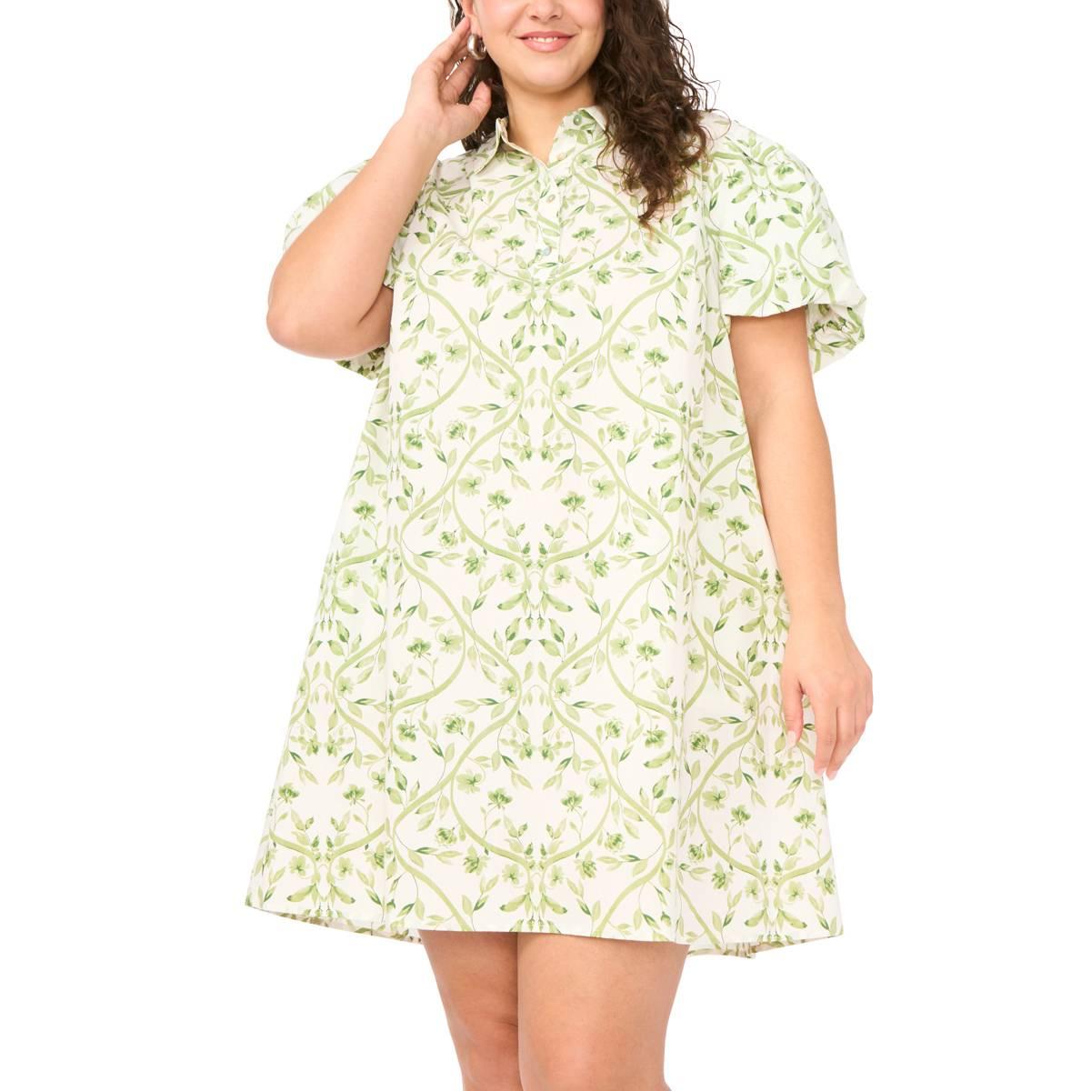 Click here for Plus Size MSK Short Puff Sleeve Leaf Cotton Poplin... prices