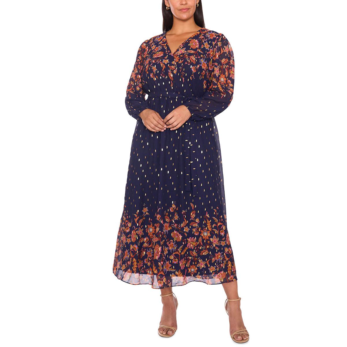 Msk Plus Size Placement Print V-Neck Maxi Dress - Jbs Navy