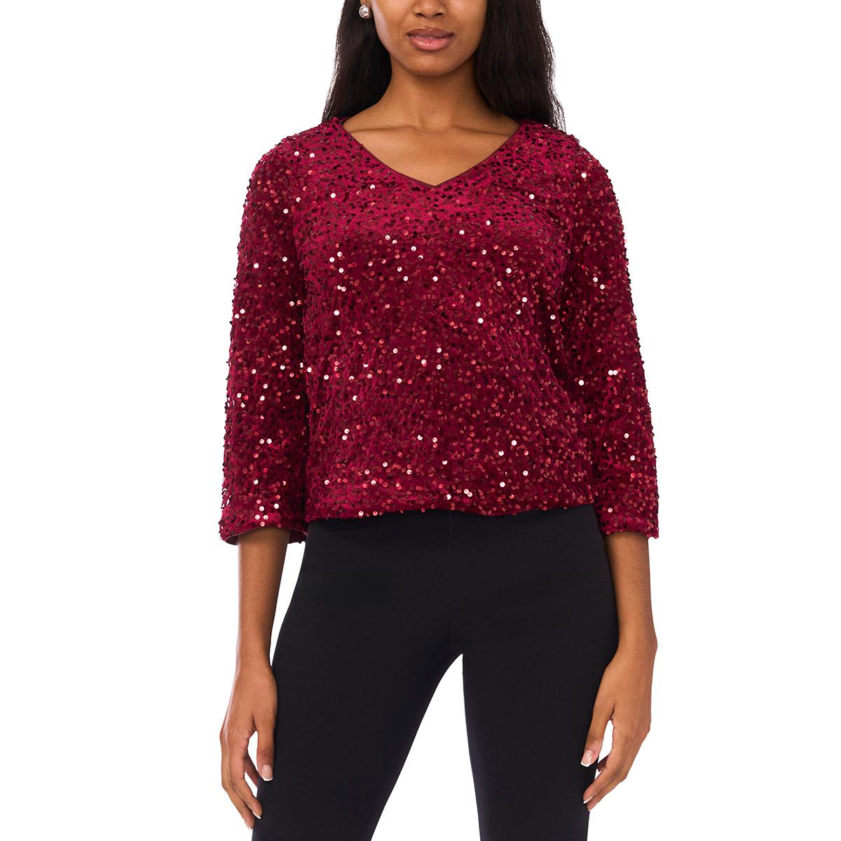Click here for Plus Size MSK 3/4 Sleeve V-Neck Velvet Sequin Blou... prices
