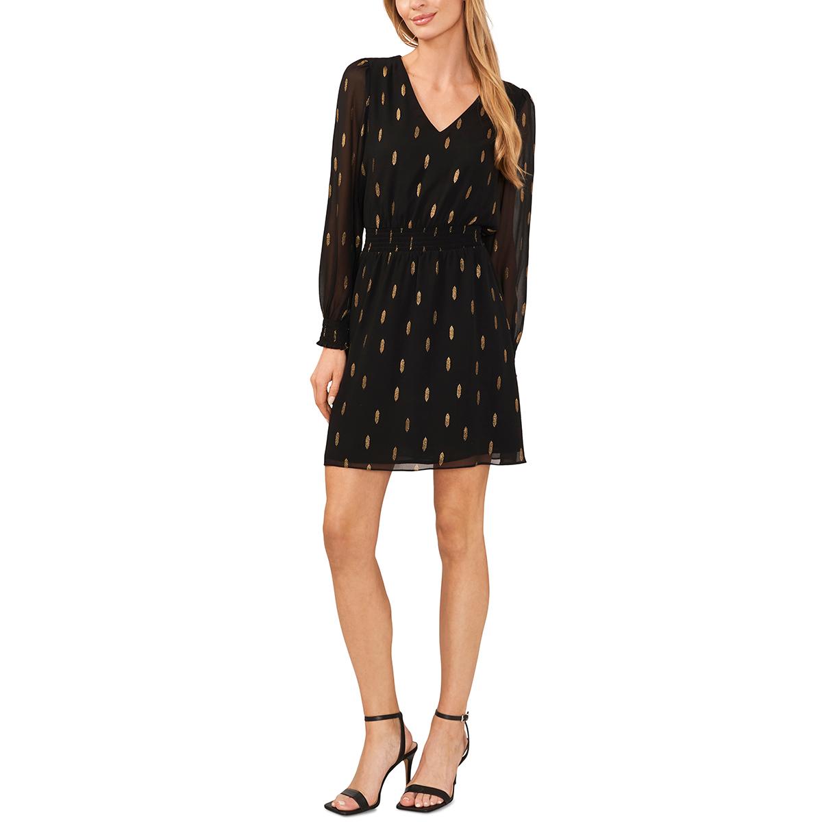 Click here for Petite MSK Long Sleeve V Neck Foil Dot A-Line Dres... prices
