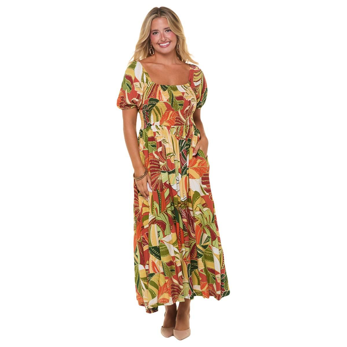 Click here for Petite MSK Short Sleeve Leaf Smock Bust Midi Dress prices