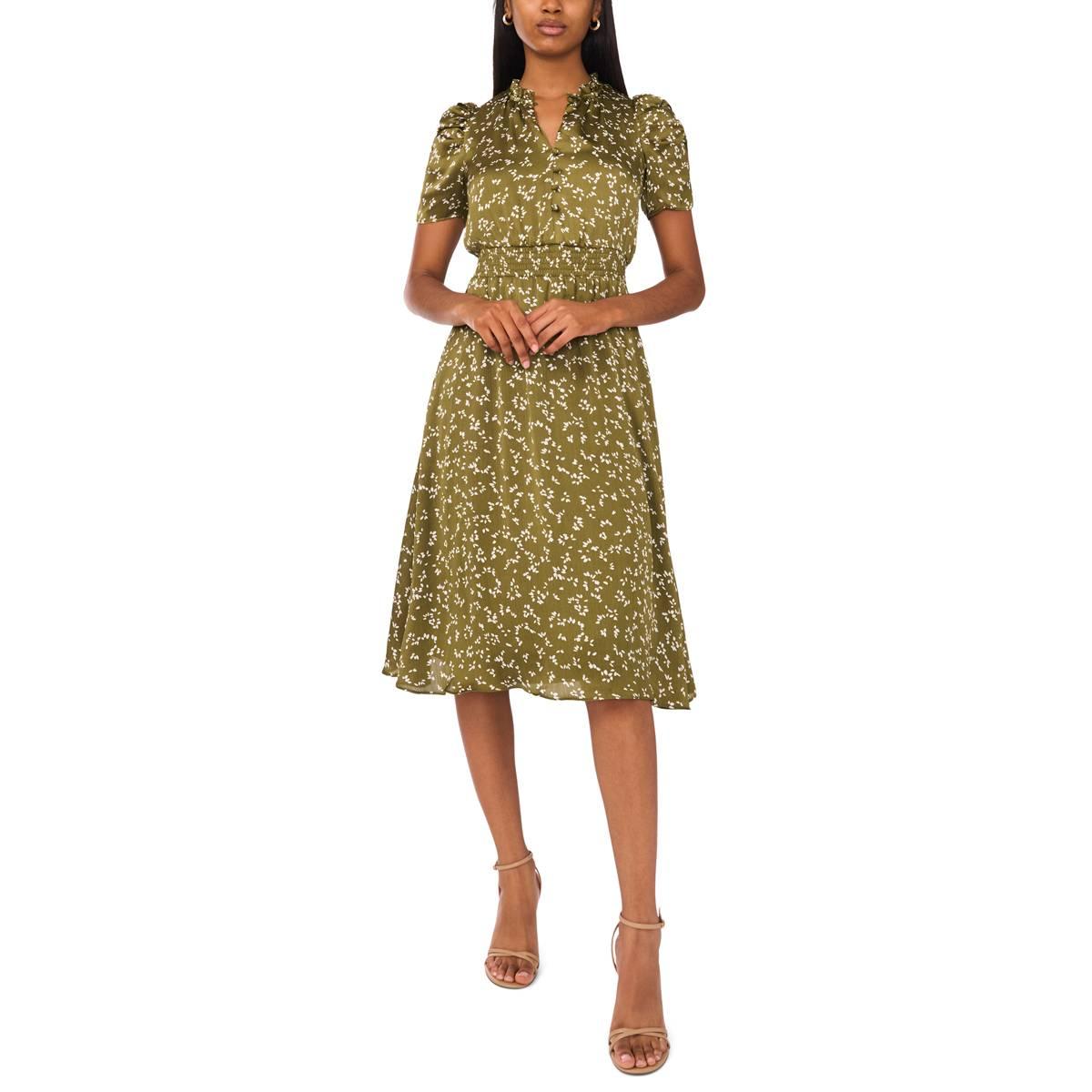 Msk Petite Puff-Sleeve Chiffon Midi Dress - Olive Moss