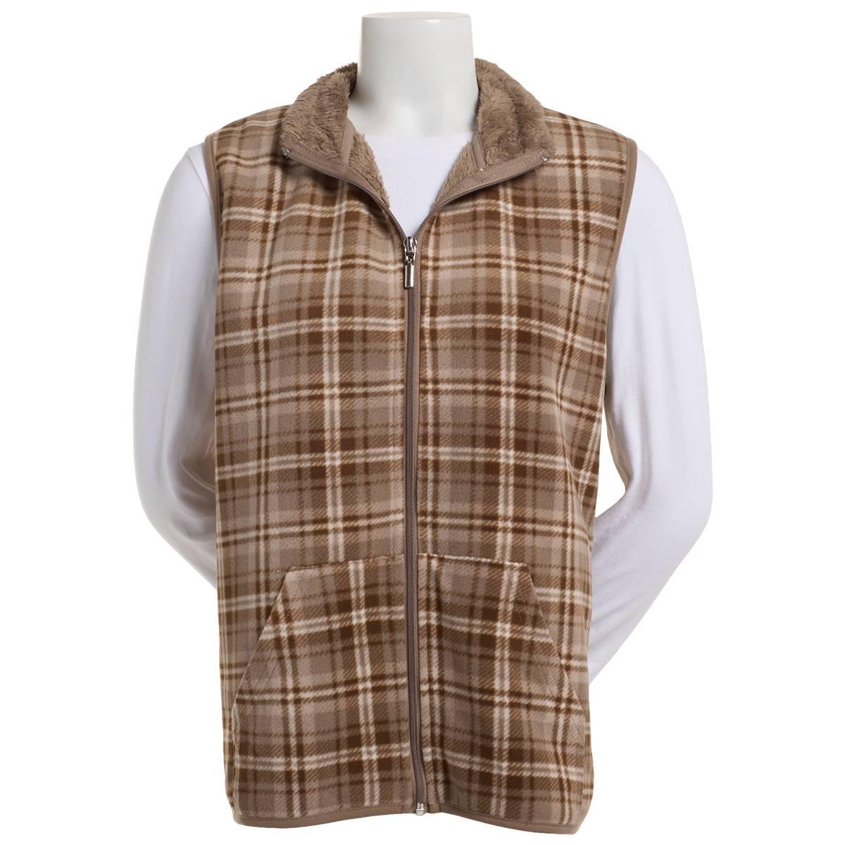 Petite Hasting & Smith Sherpa Lined Plaid Polar Vest-Fossil