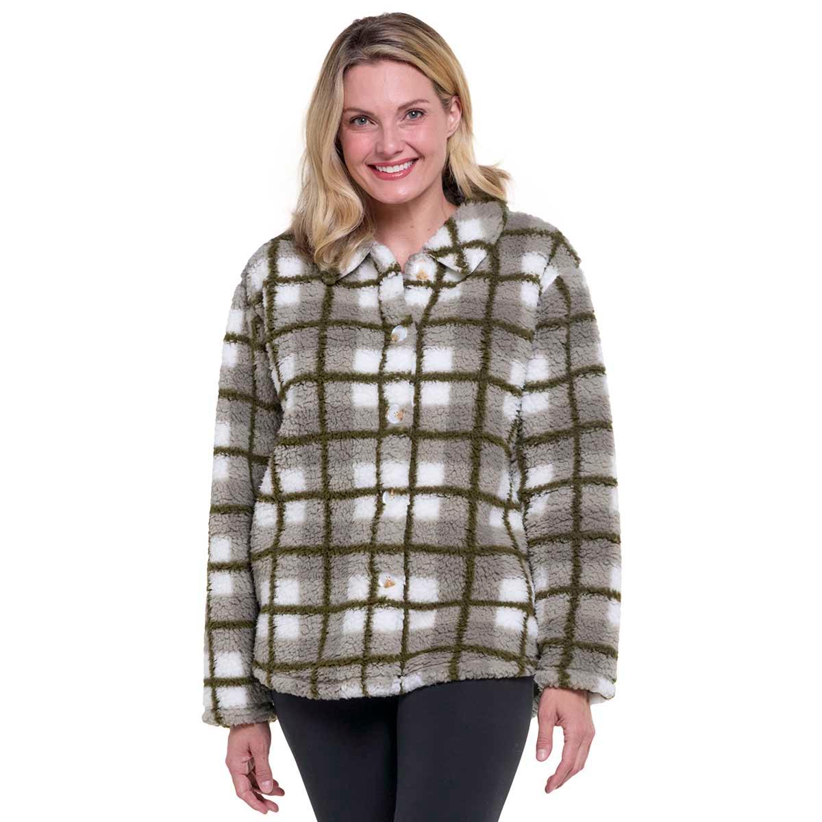 Click here for Womens Mountain Ridge Long Sleeve Plaid Sherpa Jac... prices